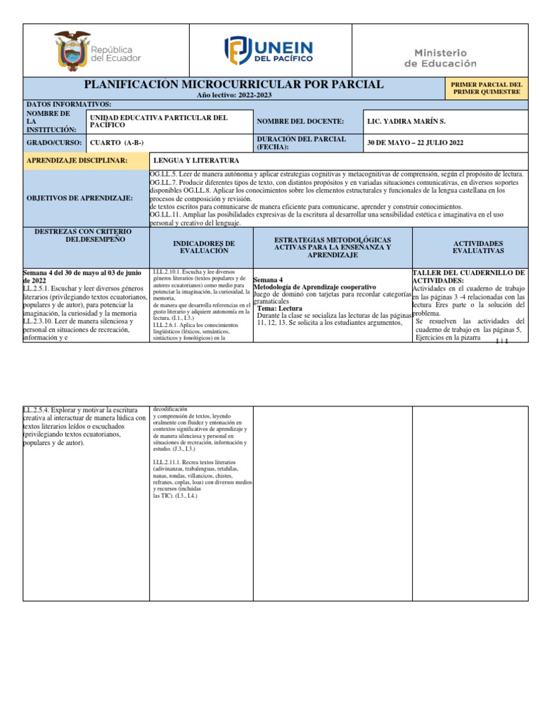 Planificación - 4TO EGB | PDF | Aprendizaje | Ortografía