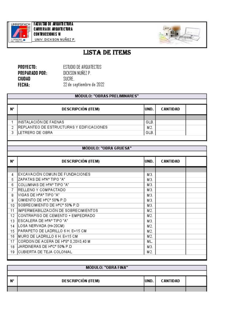 Lista de Items Cons III | PDF | Diseño arquitectonico | Arquitectura