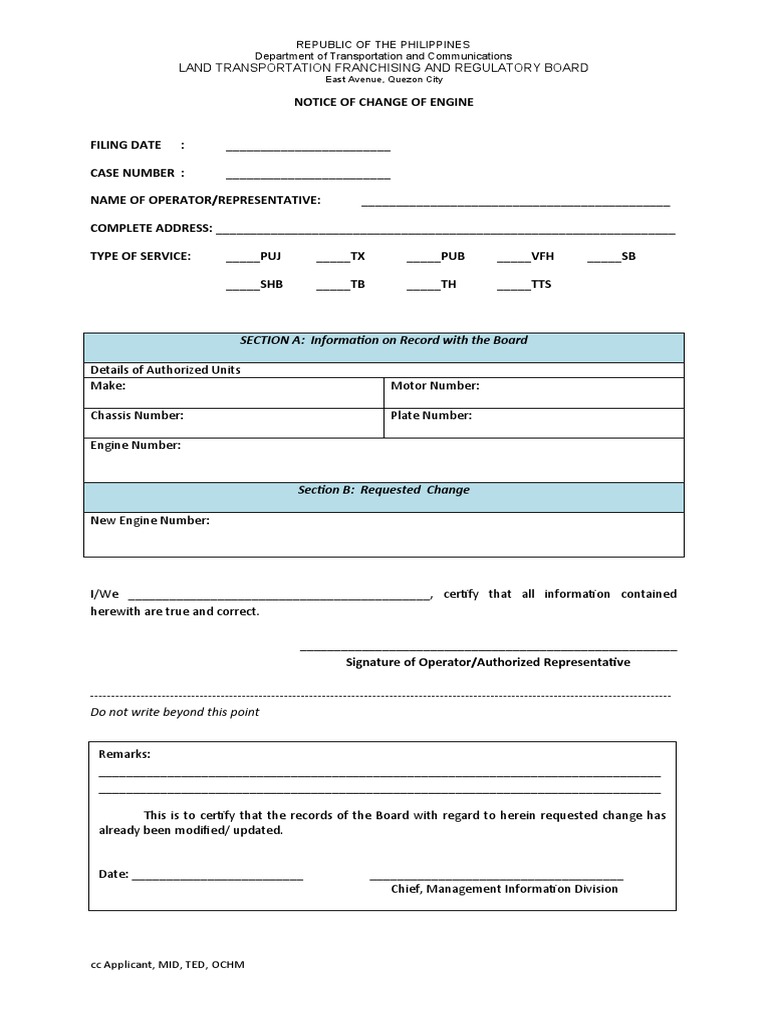 Notice of Engine Change Form | PDF | Business | Technology & Engineering