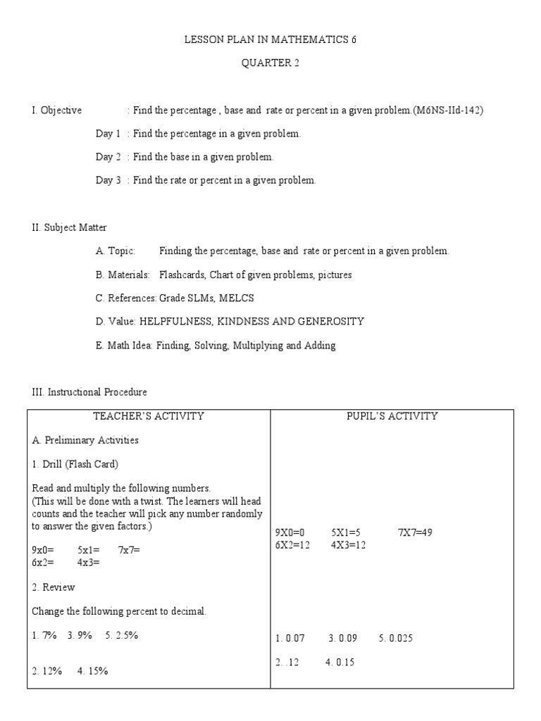 Grade 6 Percentage Lesson Plan | PDF | Percentage | Flashcard