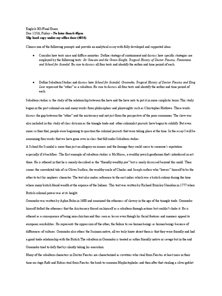 English 301 - Final Exam | PDF