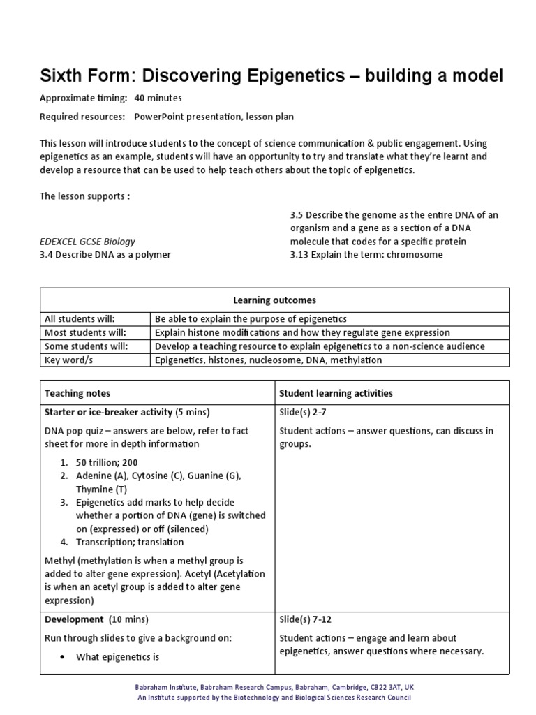 Epigenetics Model - Lesson Plan | PDF | Epigenetics | Gene
