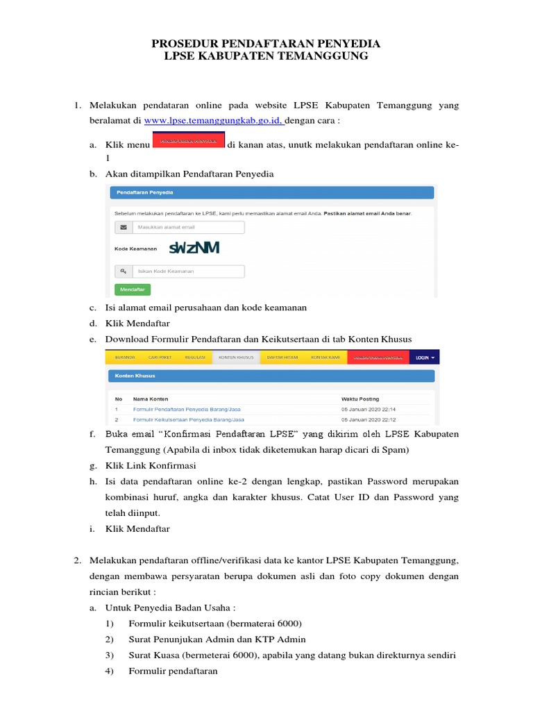 Prosedur Pendaftaran Penyedia LPSE Kab. Temanggung | PDF