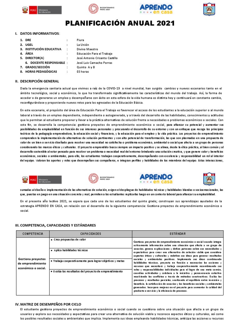 PLANIFICACION ANUAL EPT 5to Grado | PDF | Aprendizaje | Iniciativa empresarial