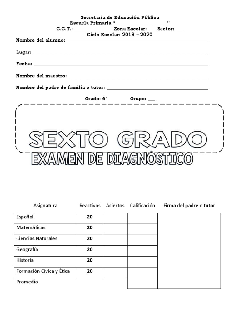 Examen Diagnostico Sexto Grado 2019 2020 Pdf México 1481