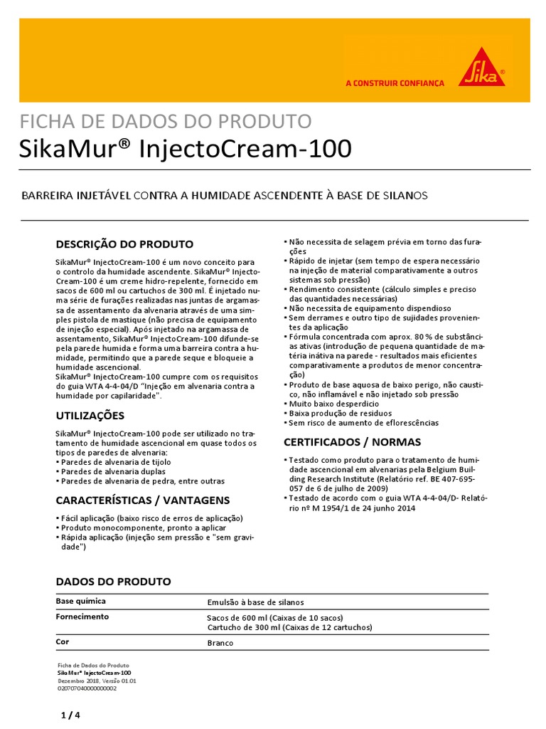SikaMur® InjectoCream-100: Ficha Técnica | PDF | Argamassa (alvenaria)
