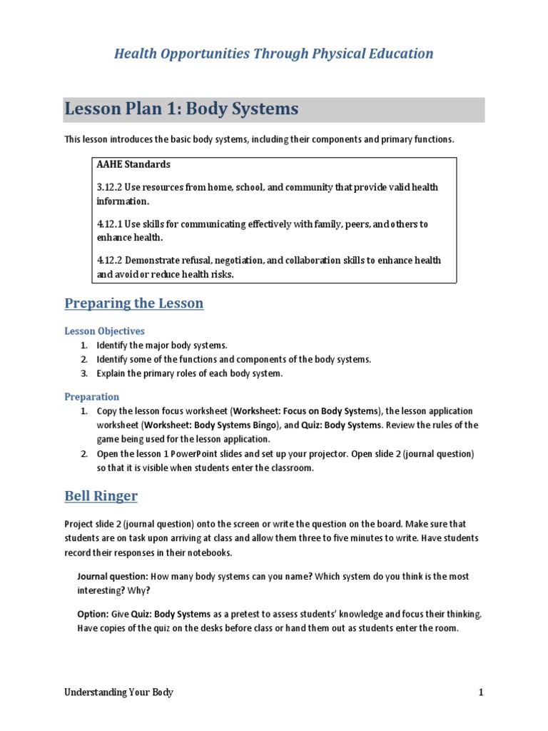 Hope Body Systems Lesson Plan PDF | PDF | Human Body | Skin