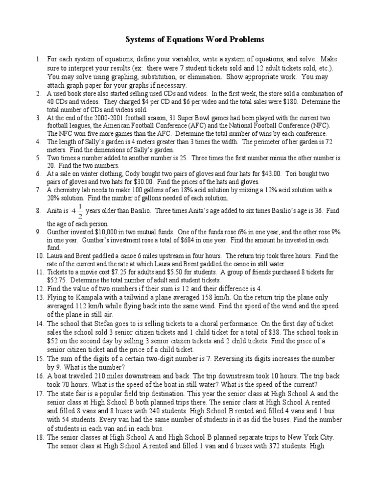 System of Equations Word Problems | PDF | Bus | Equations