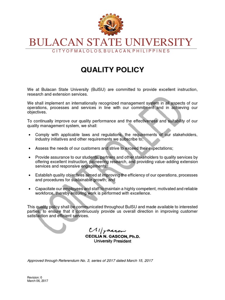BulSU Quality Policy 1 | PDF