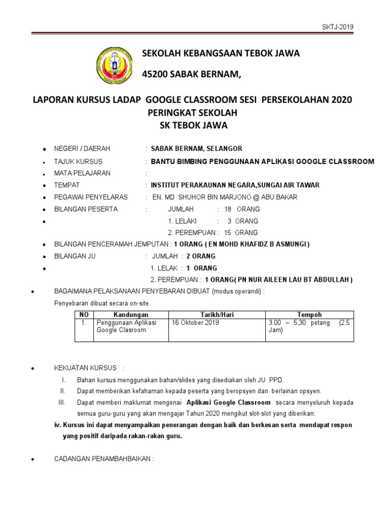 Laporan Kursus Ladap Google Classroom Sesi Persekolahan 2020 Peringkat Sekolah | PDF