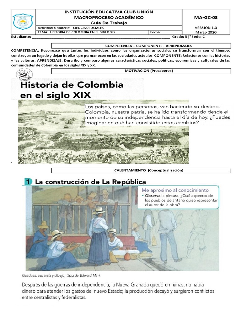 Guía Historia de Colombia en El Siglo Xix | PDF | Colombia | Esclavitud