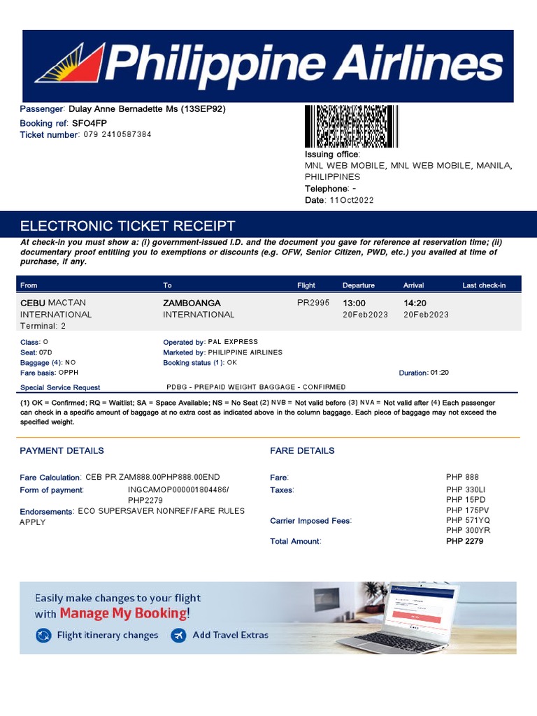 Electronic Ticket Receipt 20FEB For ANNE BERNADETTE DULAY | PDF