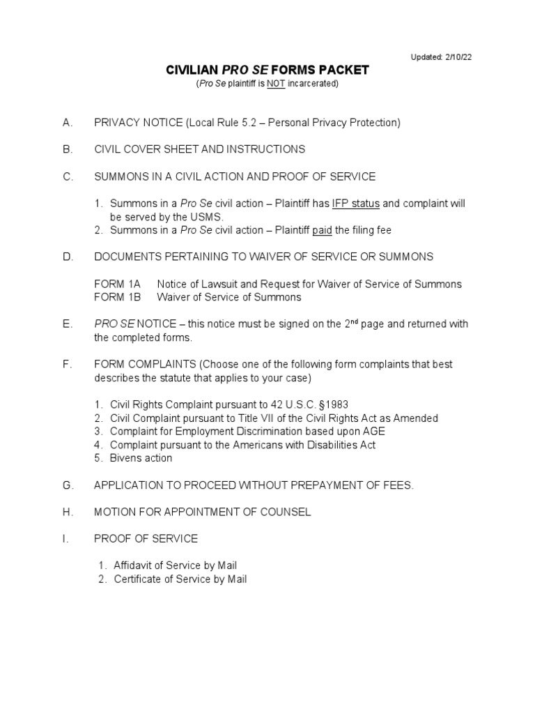 Pro Se Civil Forms Packet Guide | PDF | Complaint | Lawsuit