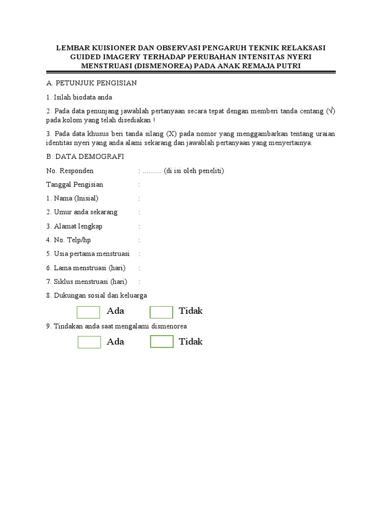 Lembar Kuisoner Dan Observasi Pengaruh Teknik Relaksasi Guided Imagery ...