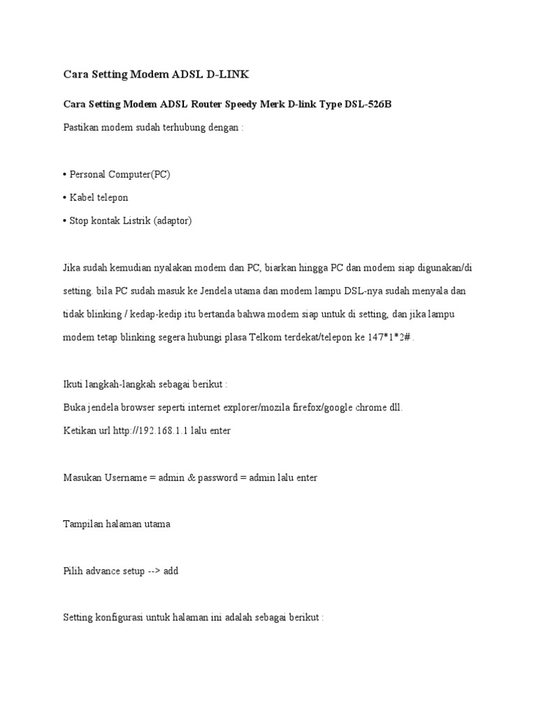 Cara Setting Modem ADSL D | PDF