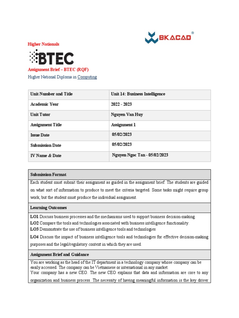 Business Intelligence - Assignment 2023 (cho giảng viên) - English | PDF | Business Intelligence ...