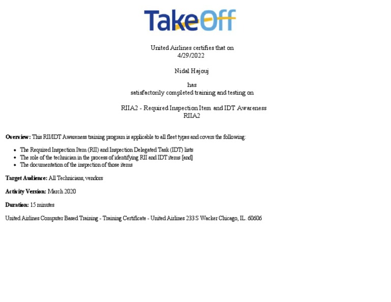 Certification of Completion: RIIA2 - Required Inspection Item and IDT ...