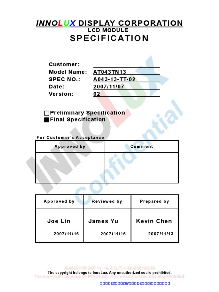 At043tn13-Innolux 230311 162449 PDF | PDF | Liquid Crystal Display ...