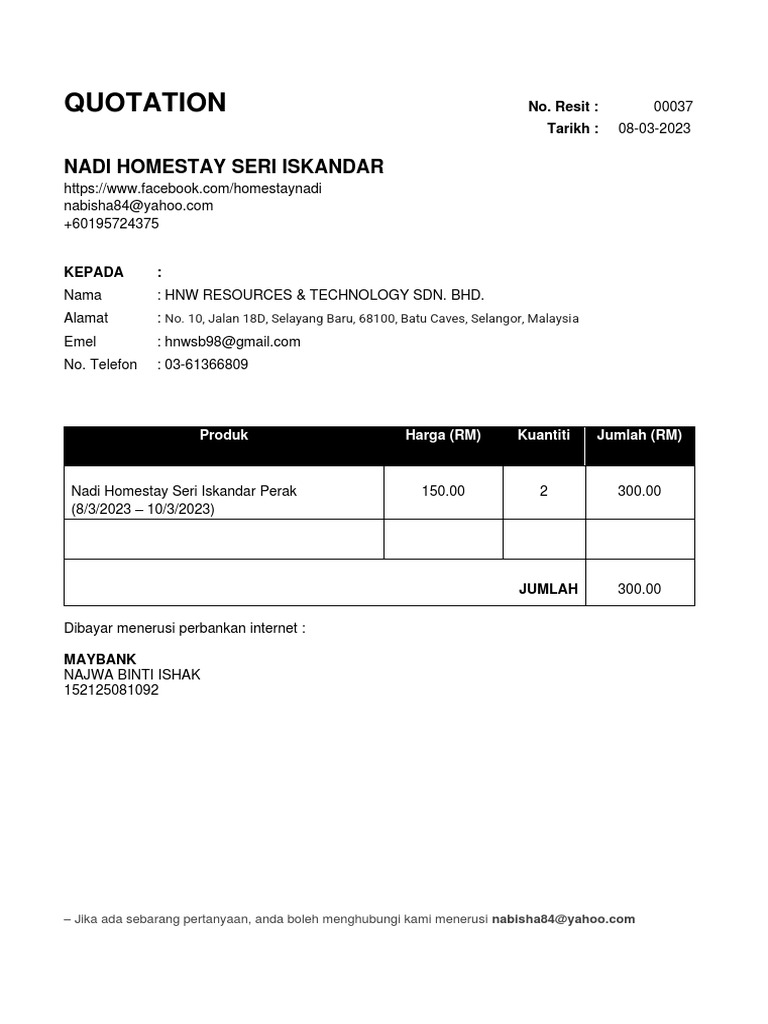 Quotation HOMESTAY PDF | PDF