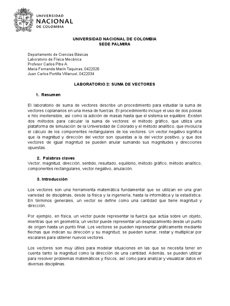 Lab 2 - Suma de Vectores | Descargar gratis PDF | Vector Euclidiano | Medición