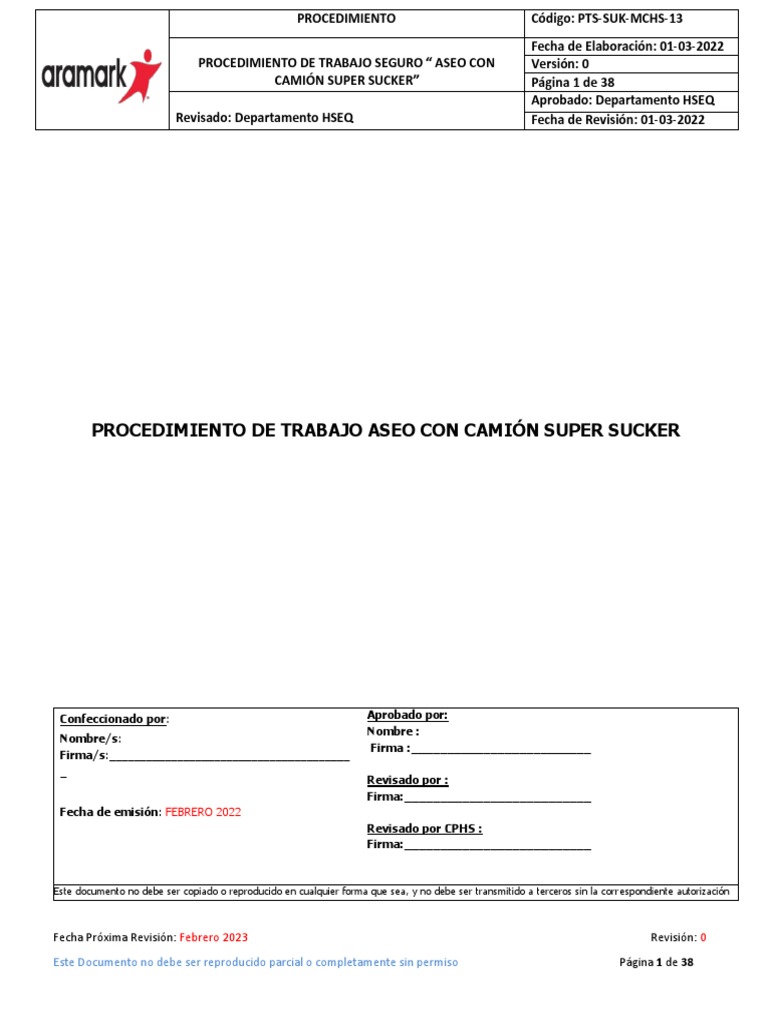 Pts-Suk-Mchs-13 Procedimiento de Trabajo Aseo Con Camion Super Sucker M - 2022 | Descargar ...