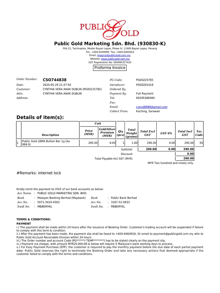 Proforma Invoice for the Purchase of 1 Gold Bullion Bar from Public ...