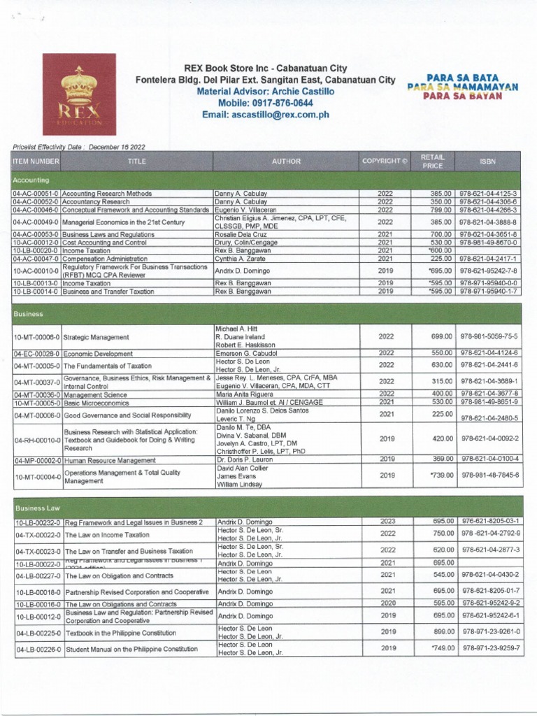 Rex Bookstore Price List 2023 | PDF