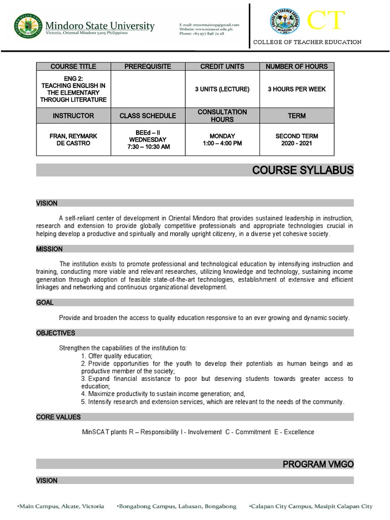 Syllabus in Teaching Literacy in The Elementary Grades Through ...