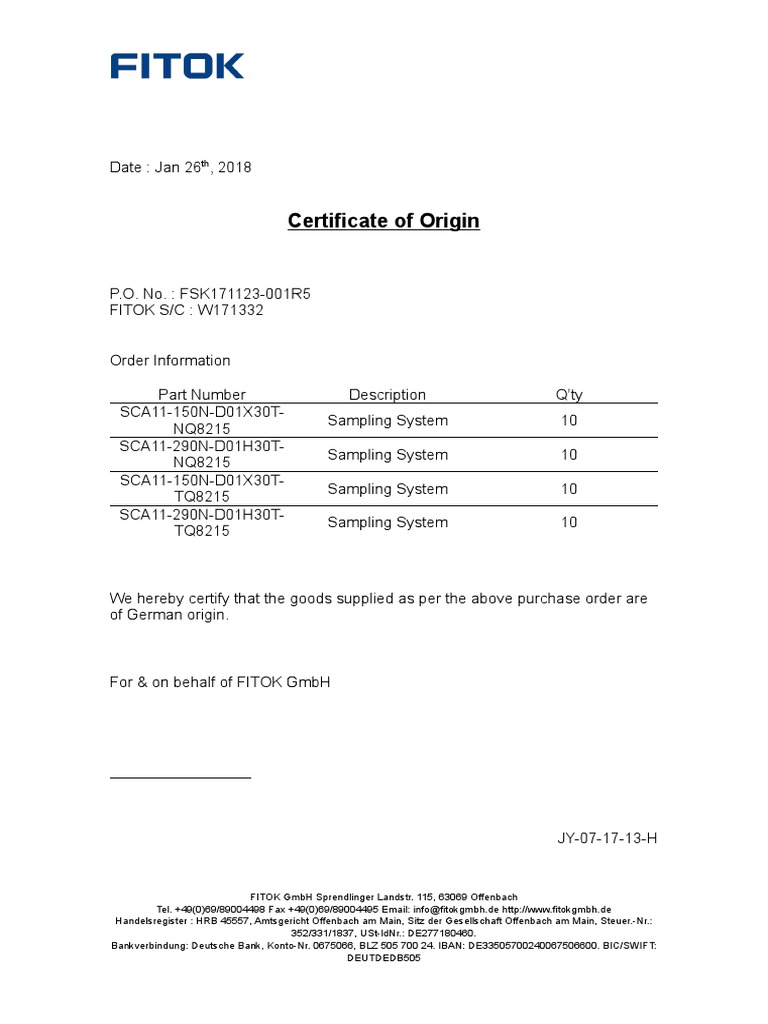 German Certificate of Origin Sample | PDF