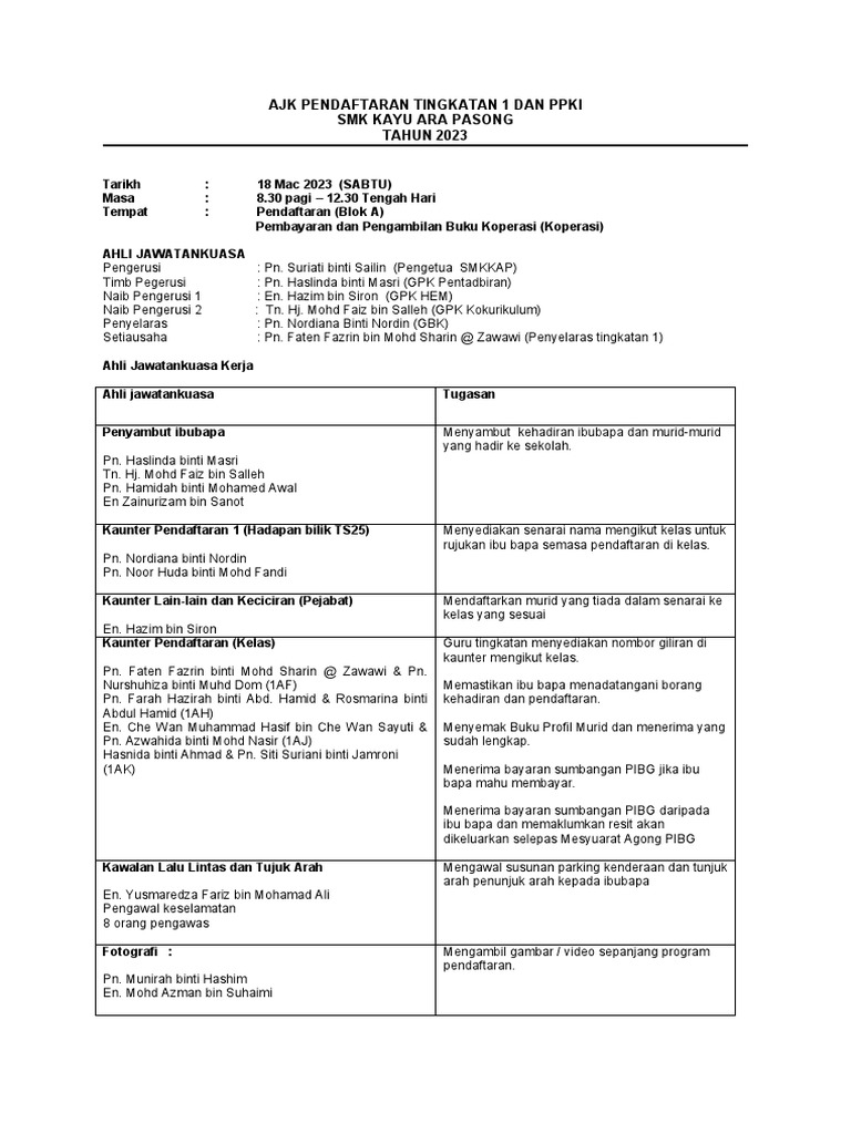 Ajk Pendaftaran Tingkatan 1 2023 | PDF