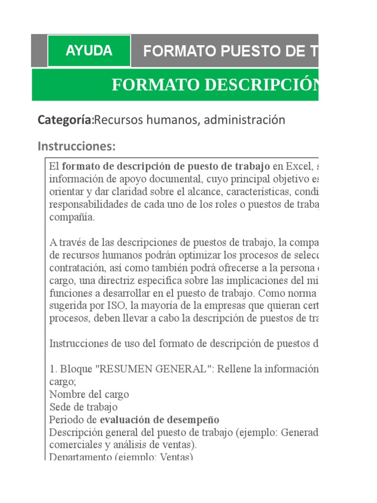 58. Formato de descripciขn de puestos 3 | PDF | Gestión de recursos humanos | Microsoft Excel