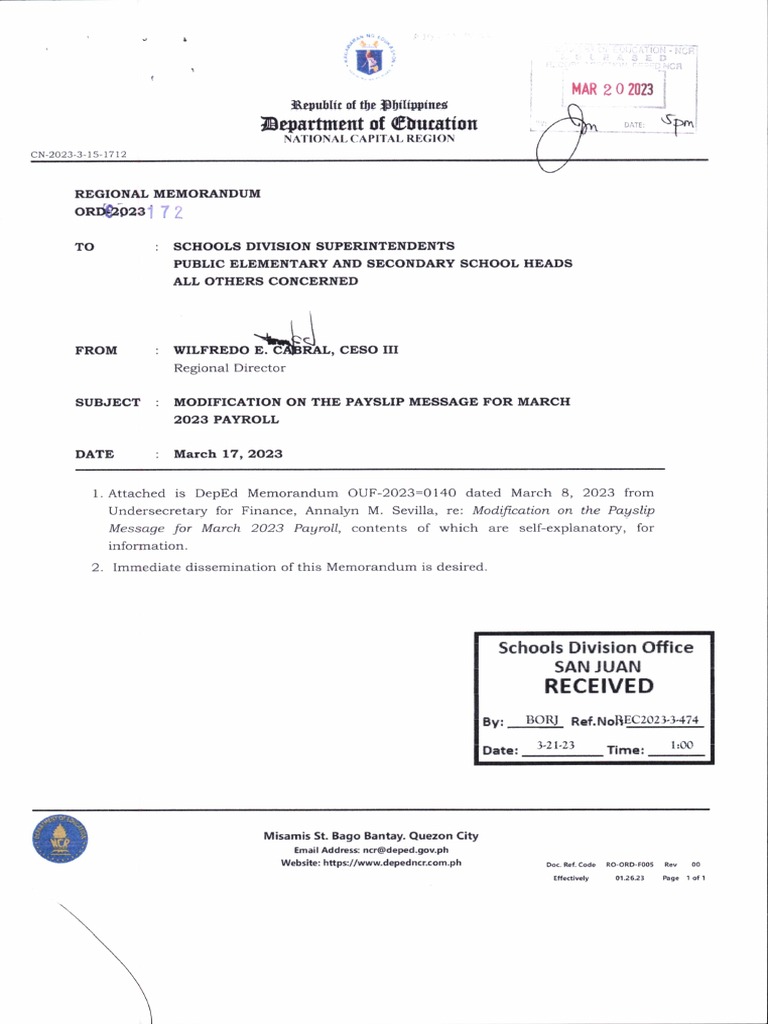 Regional Memo No. 172, S. 2023 - Modification On The Payslip Message ...