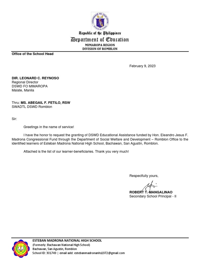 Letter of Request of DSWD Educational Assistance PDF | PDF