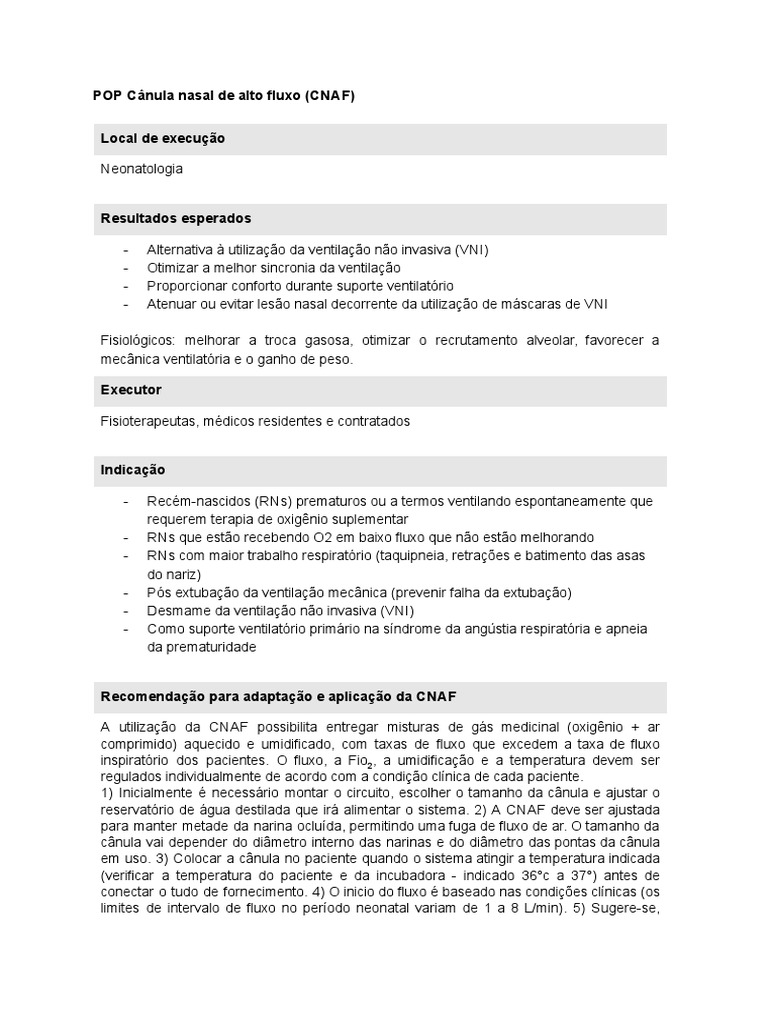 POP Cânula Nasal de Alto Fluxo | PDF | Oxigênio | Respiração