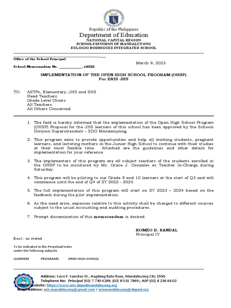 Memo OHSP Implementation | PDF