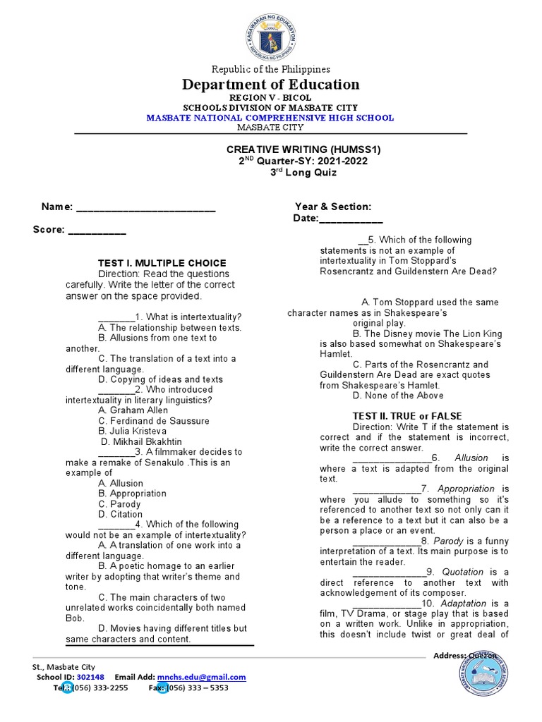 3rd Quiz | PDF | Intertextuality | Hamlet