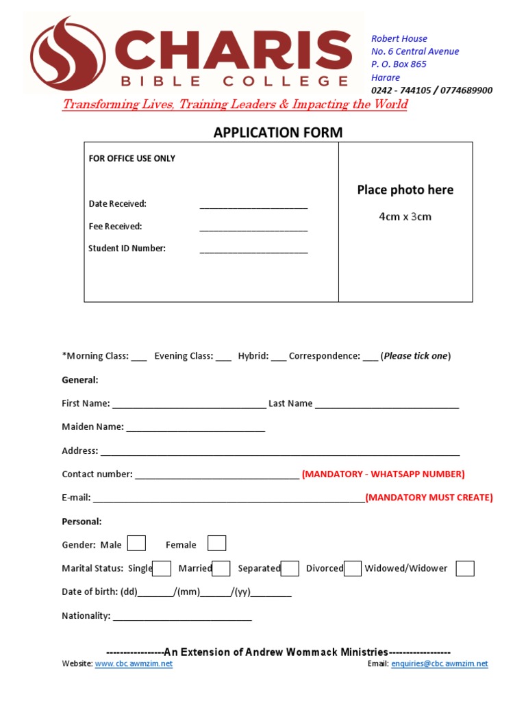 CHARIS BIBLE COLLEGE APPLICATION FORM - Updated FEB 2021 | PDF