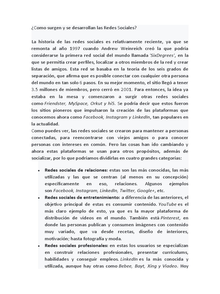 Como Surgen y Se Desarrollan Las Redes Sociales | PDF | Servicio de redes sociales | Facebook