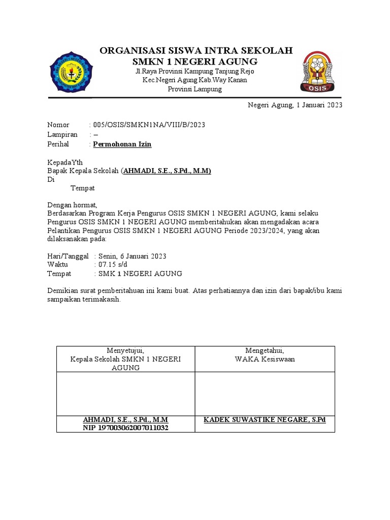 Surat Izin Kepala Sekolah | PDF