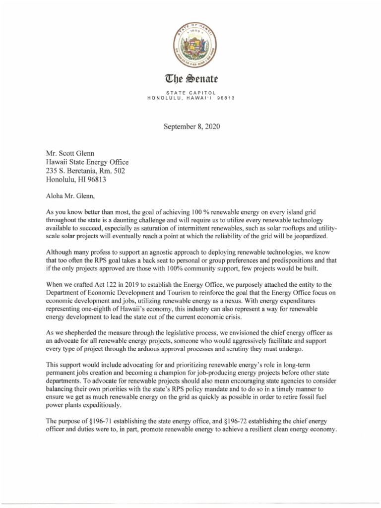 Letter From Senators Donovan Dela Cruz and Glenn Wakai in Support of Hu ...