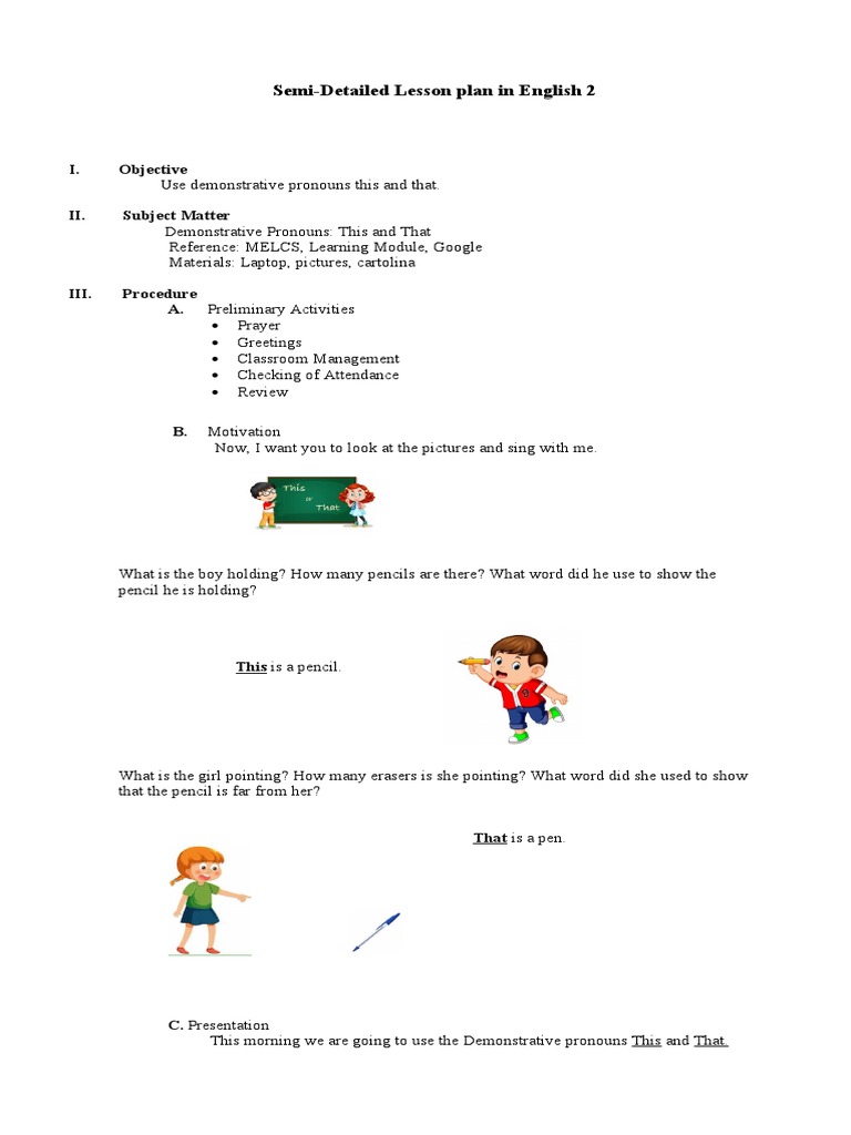 Grade 2 Lesson Plan: Demonstrative Pronouns | PDF | Pronoun | Cognition