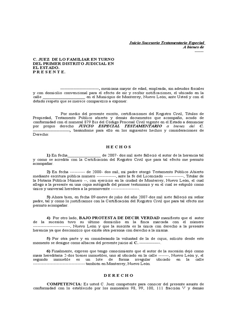 Juicio Sucesorio Testamentario Especial 2 Pdf Herencia Ley Común