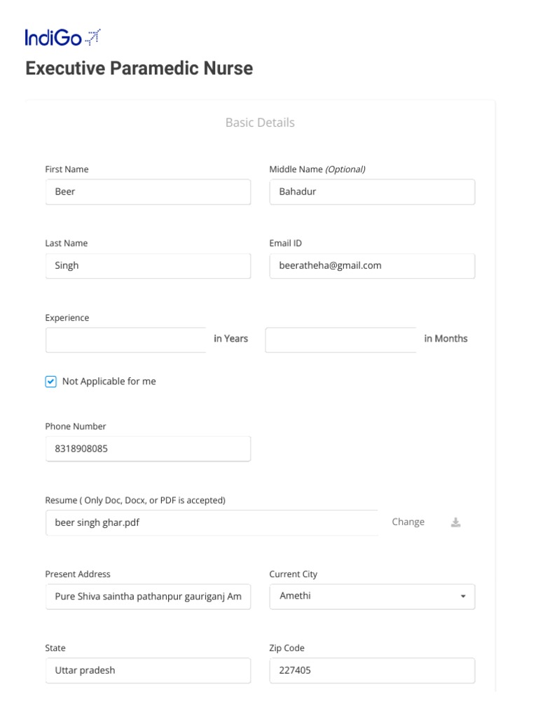Apply For Executive Paramedic Nurse at IndiGo PDF | PDF