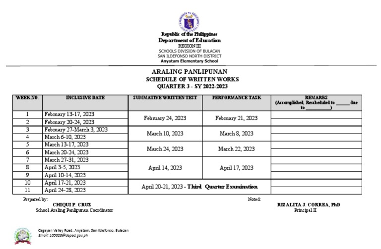 AP Schedule of Written Test Quarter 3 2023 | PDF