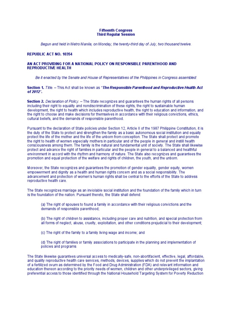 RA 10354. Responsible Parenthood and Reproductive Health Act. 2012 ...