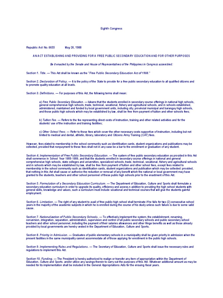 RA 6655. Free Public Secondary Education Act. 1988 | PDF | Schools ...
