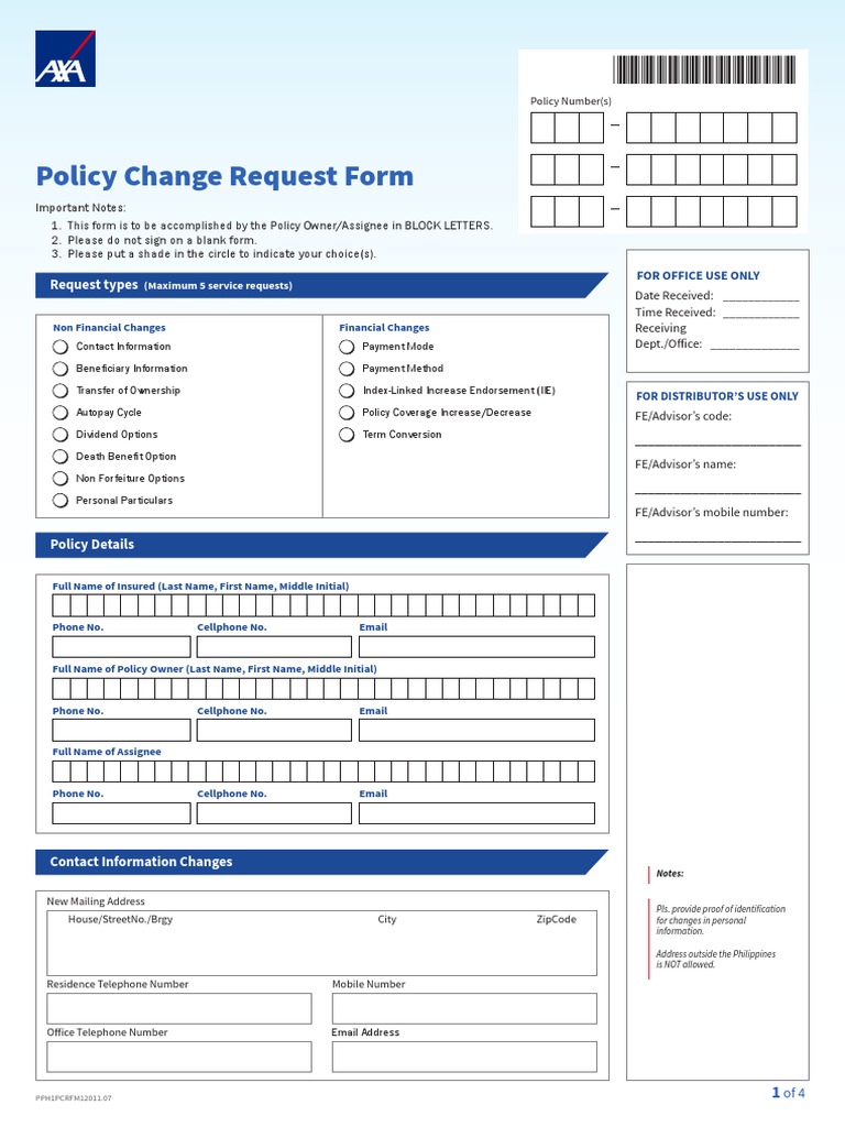 Policy Change Request Form v2 | Download Free PDF | Insurance ...