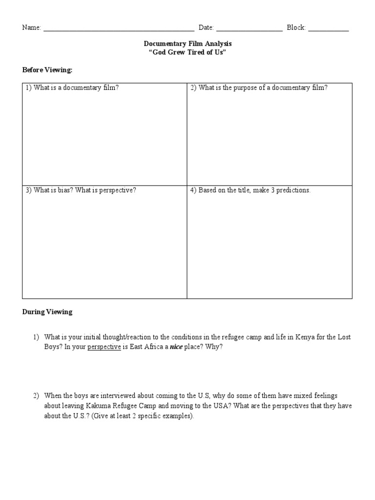 God Grew Tired of Us Assignment | PDF | Documentary Film | Cognitive ...