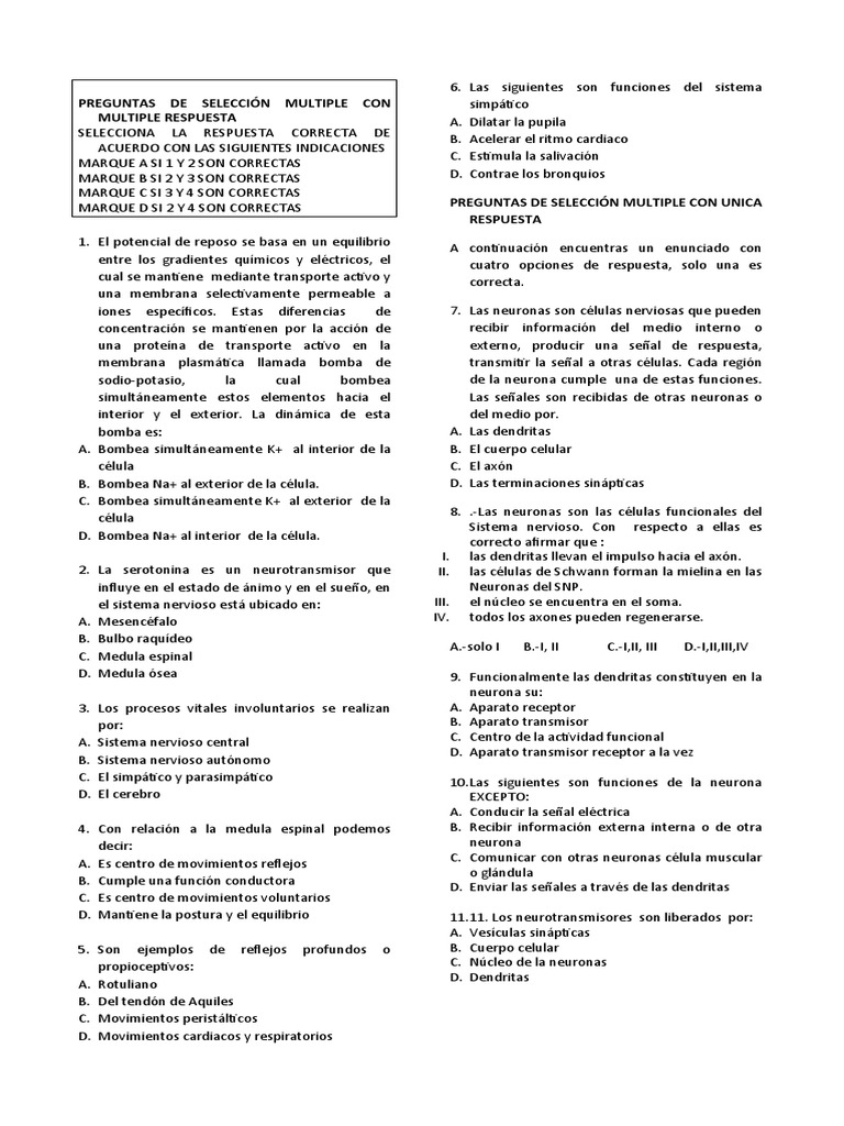 PREGUNTAS DE SELECCIÓN MULTIPLE CON MULTIPLE RESPUESTA SISTEMA N. CENTRAL | PDF | Sinapsis | Neurona
