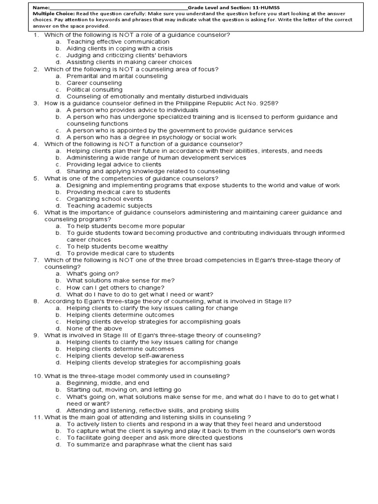Counseling Roles and Competencies Quiz | PDF | Counseling Psychology ...